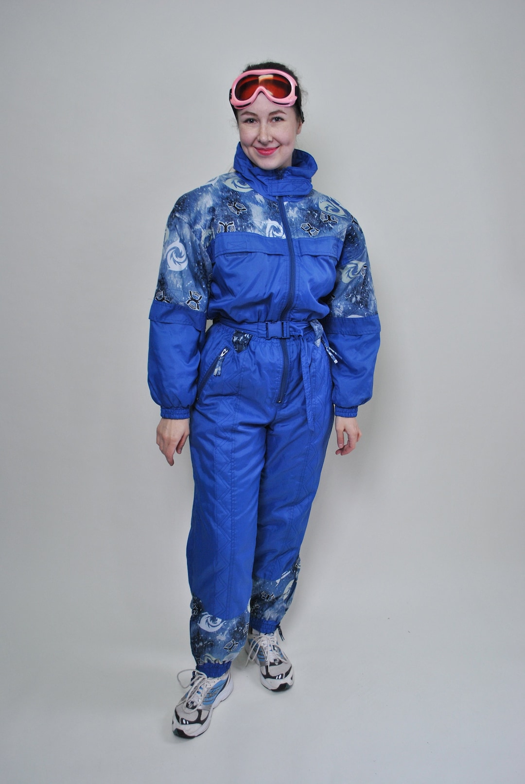 90s One Piece Ski Suit in Blue, Vintage Patterned Snowsuit, 90s Retro Women Winter Jumpsuit ...
