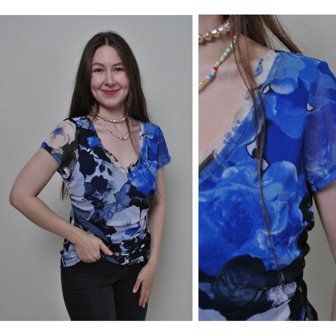 Y2k Flowers Blouse 00s Blue Floral Print Sheer Top LARGE - Etsy