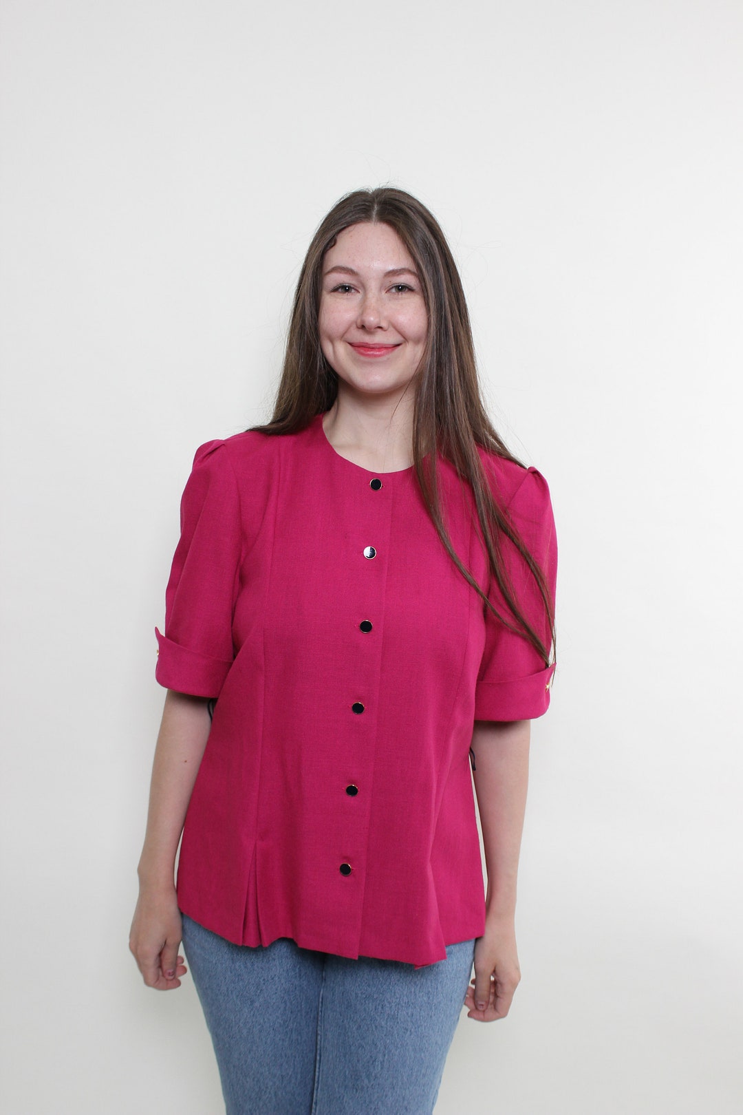 Vintage 80s Puff Sleeve Blouse, Pink Formal Blouse, Button up Short ...