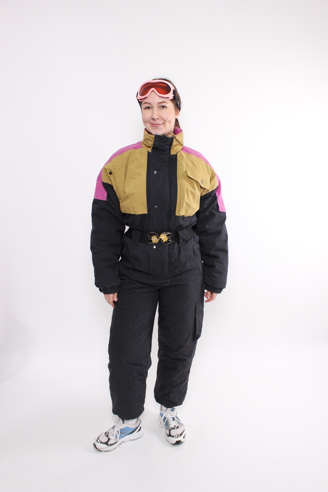 90s One Piece Ski Suit in Black and Yellow, Vintage Winter Jumpsuit ...
