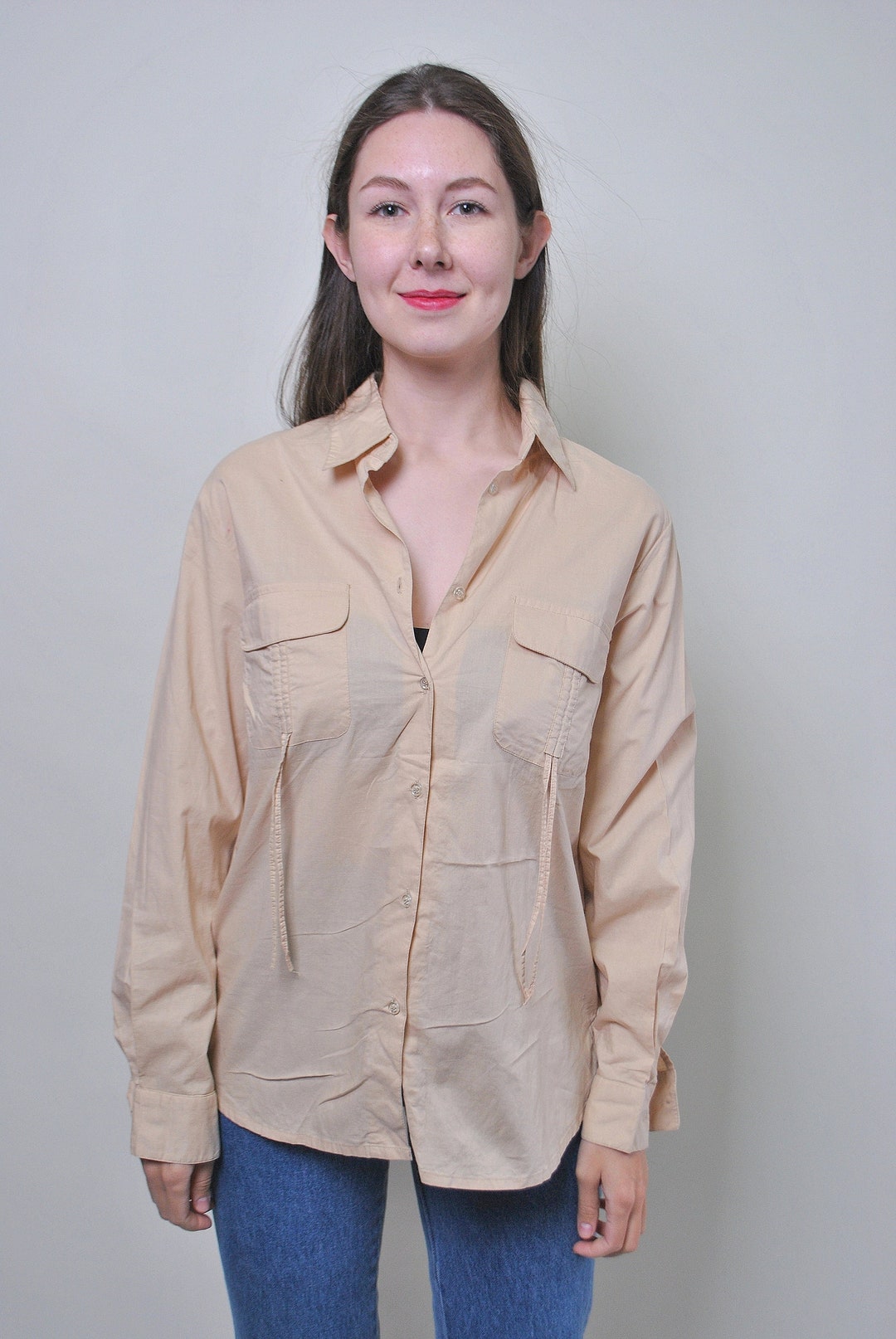 90s Minimalist Button Up, Vintage Woman Military Beige Top, Size L - Etsy