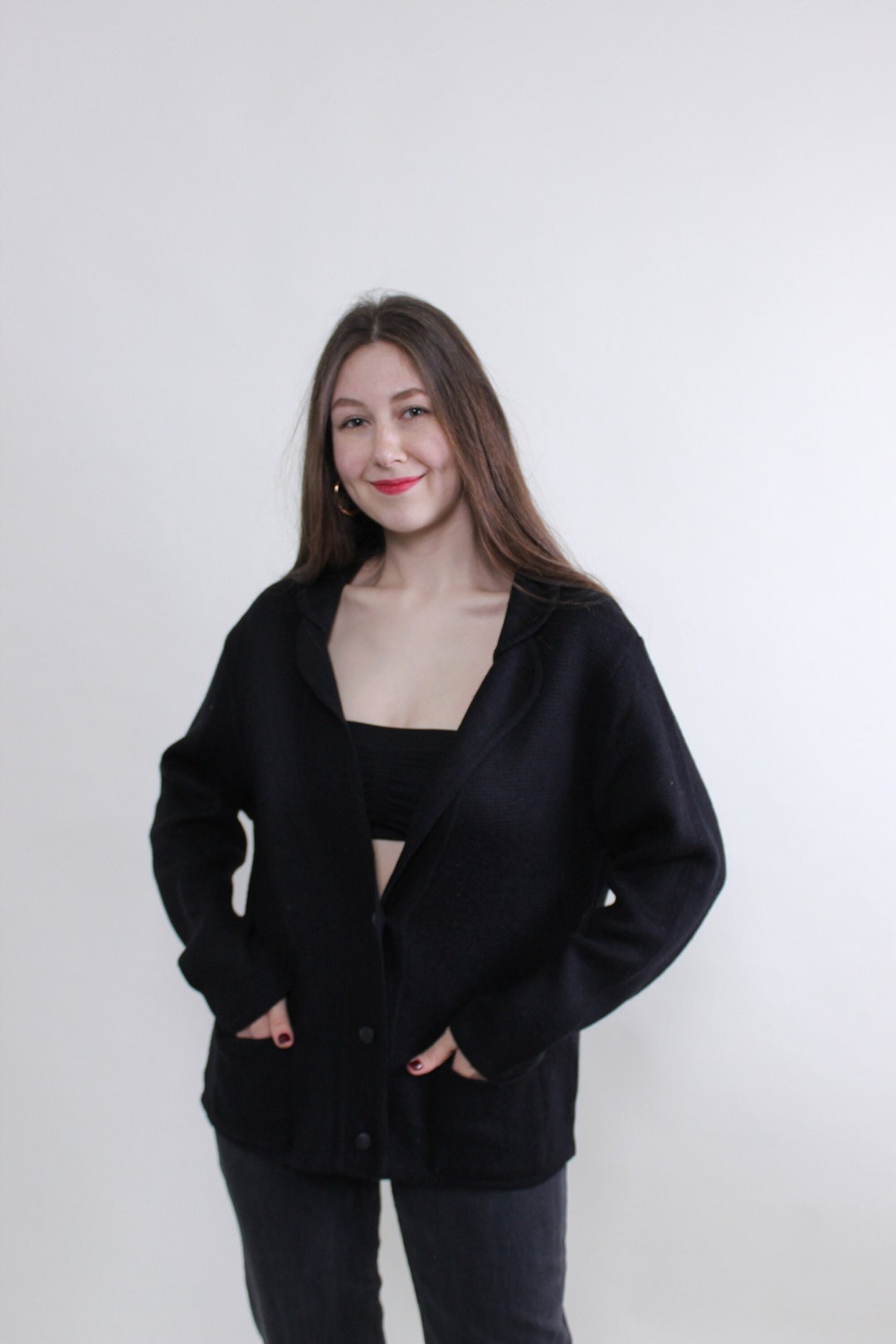 Minimalist Wool Cardigan, Black Button Sweater LARGE Size Cozy V-neck ...