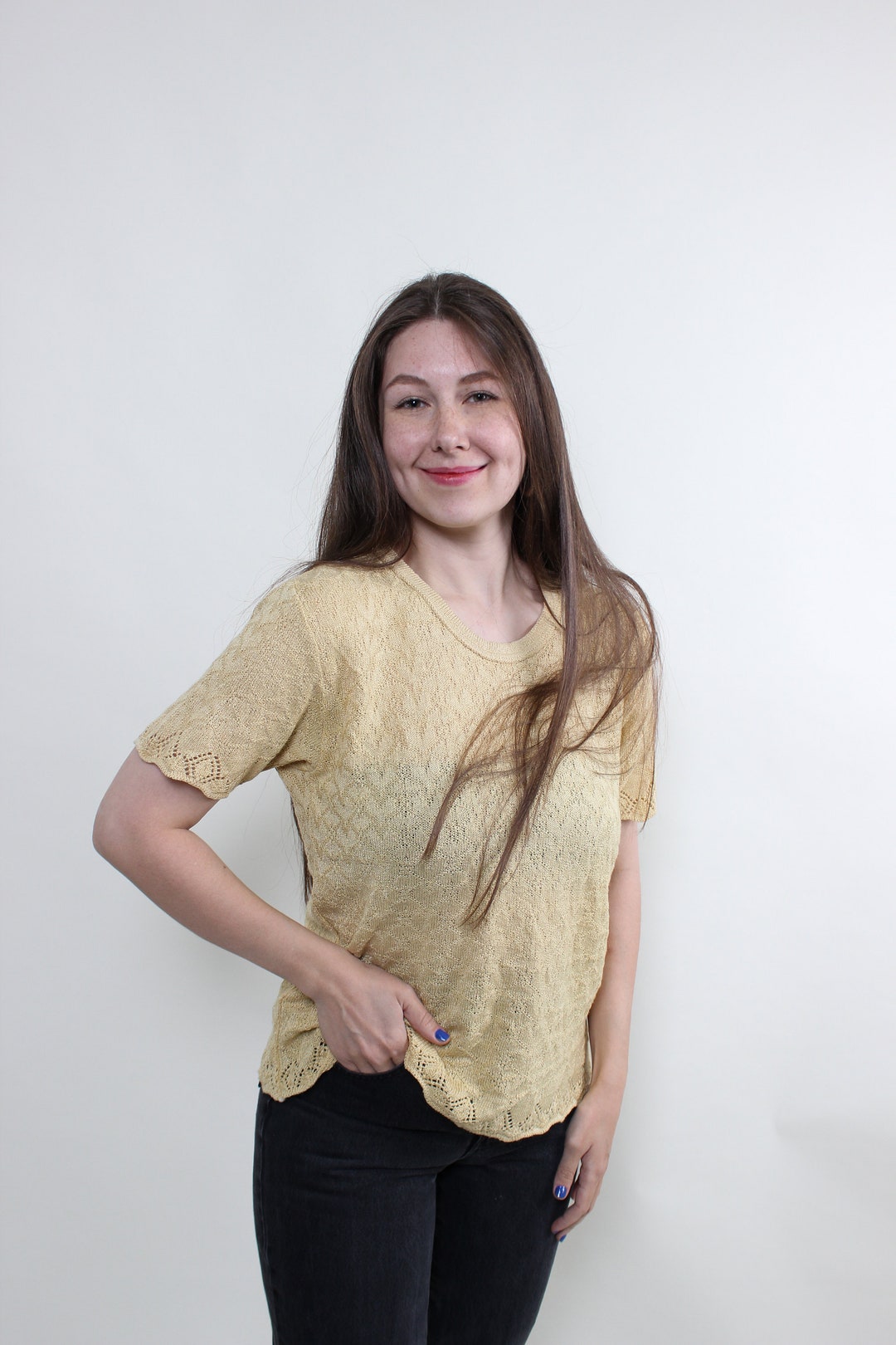 90s Vintage Knit Blouse: Retro Yellow Pullover Lace Top (size M ...