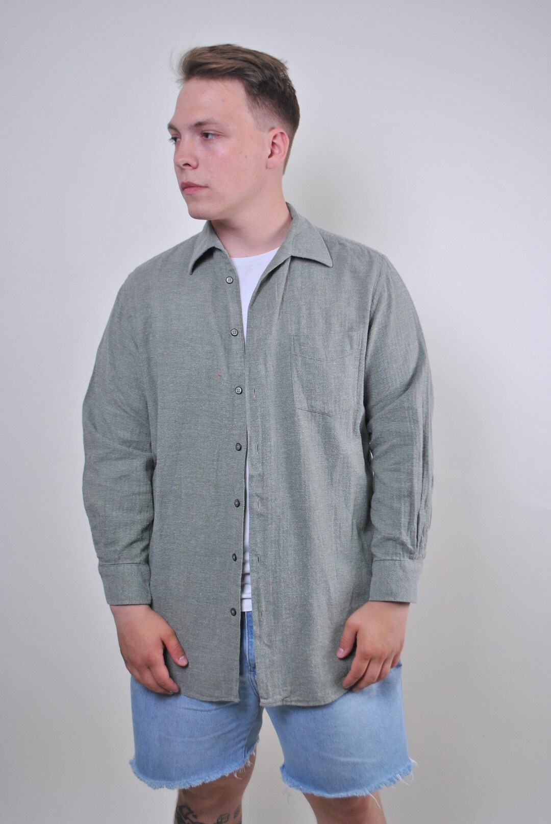 80s Worker Long Sleeve Gray Heritage Shirt, Size L - Etsy UK