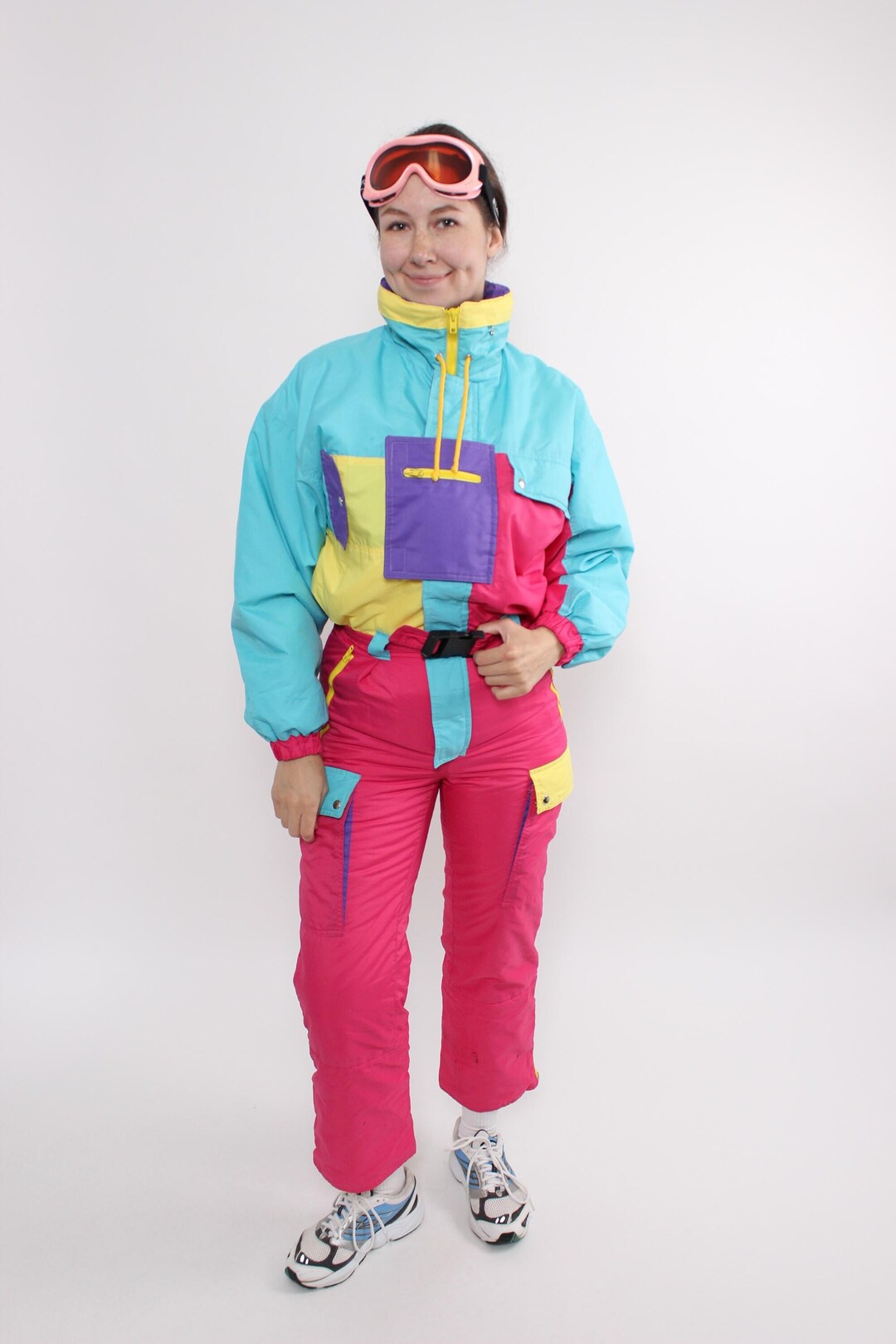 90s Multicolor One Piece Ski Suit, Vintage Pink Snowsuit With Color ...