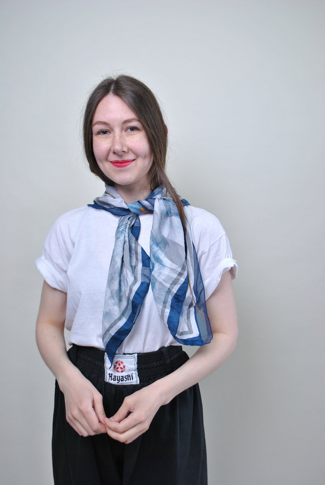 Blue Plaid Headscarf Vintage, Cute Flowers Hairscarf, 90s Check Print ...