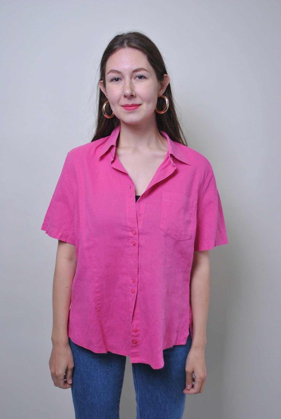 90s Vintage Pink Cotton Blouse - Minimalist Summer Shirt Size L - Etsy