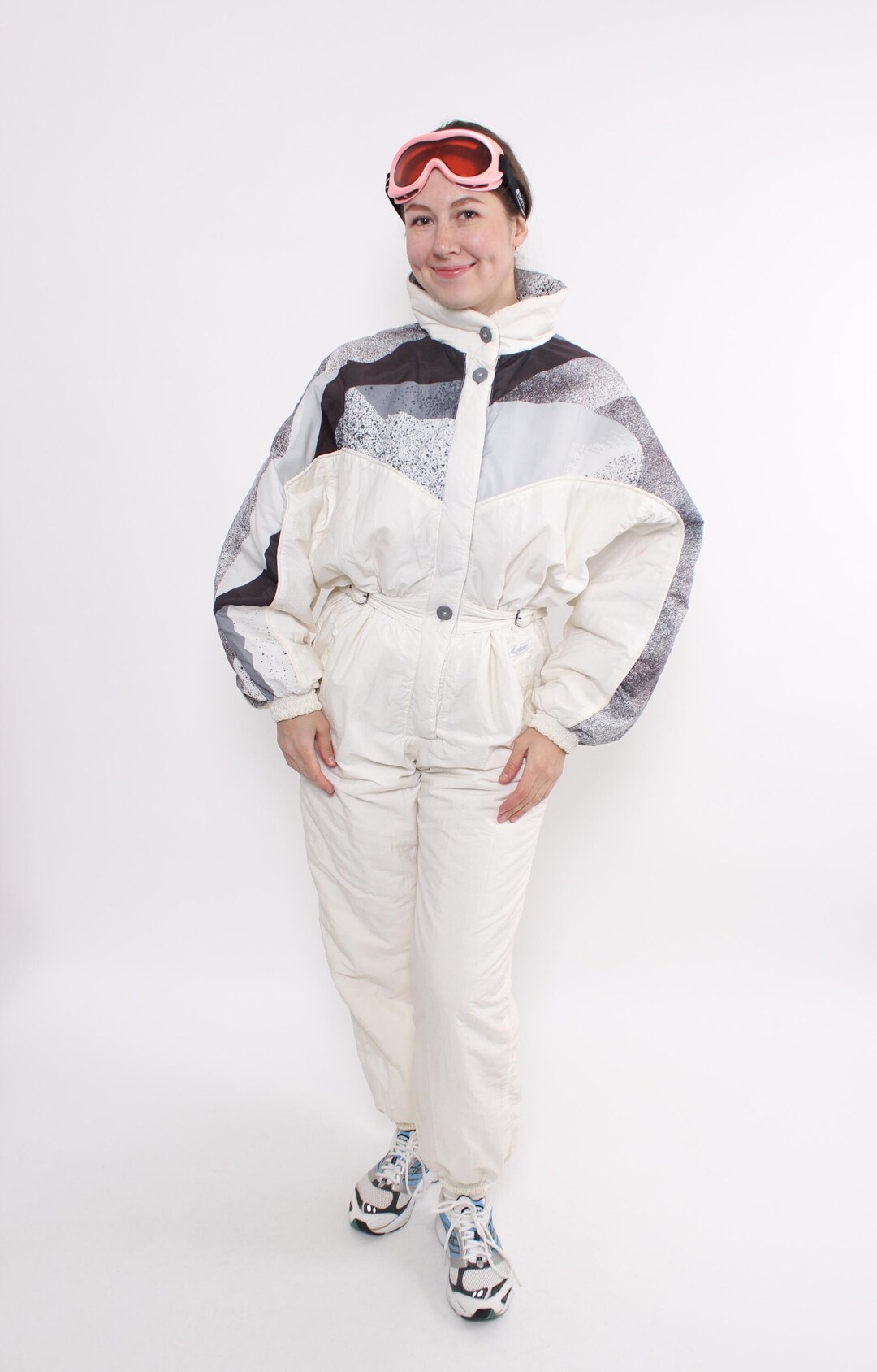 80s One Piece Ski Suit in White, Vintage Printed Snowsuit, Retro Winter ...