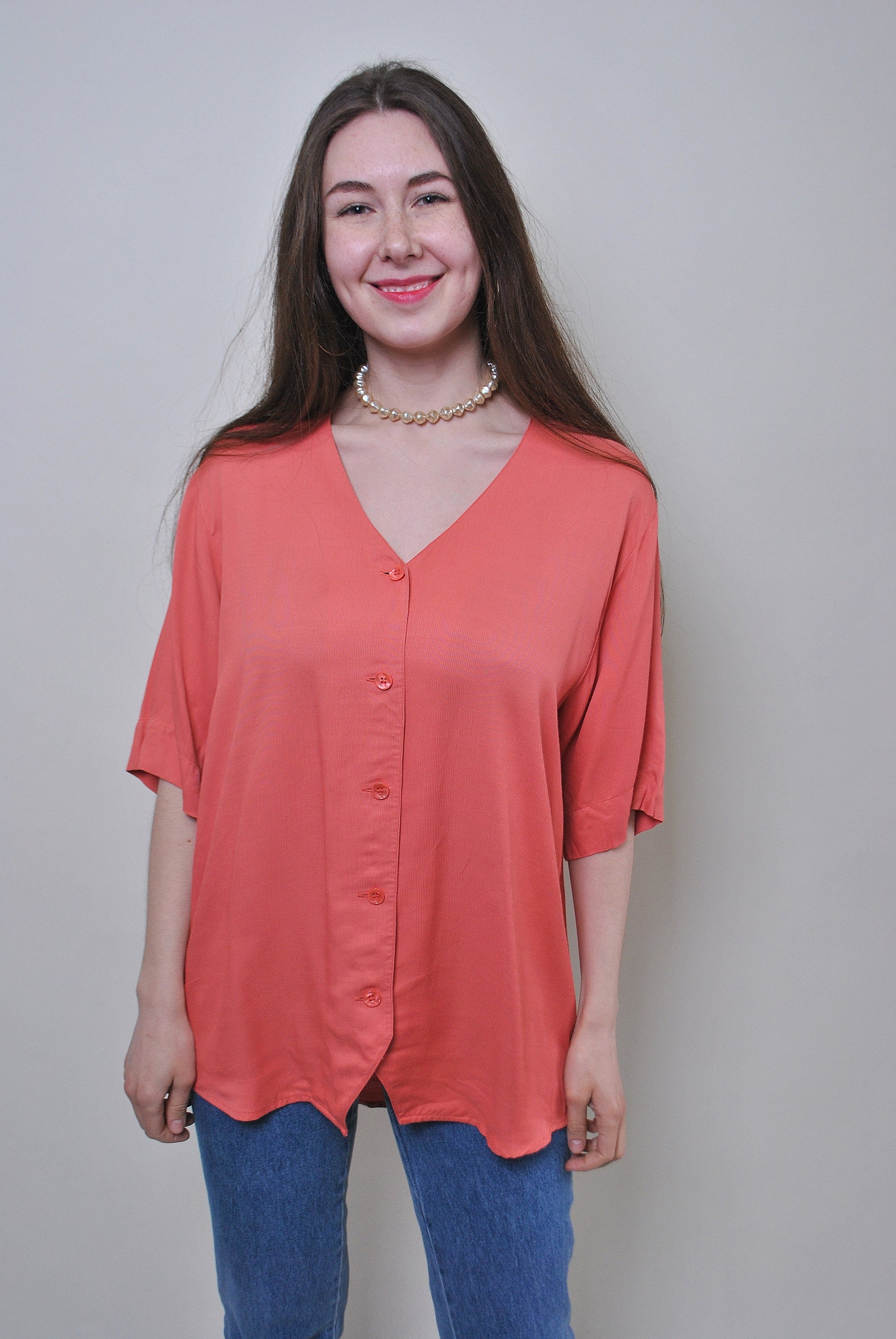 Vintage Minimalist Orange Blouse Woman Casual Shirt Size L | Etsy