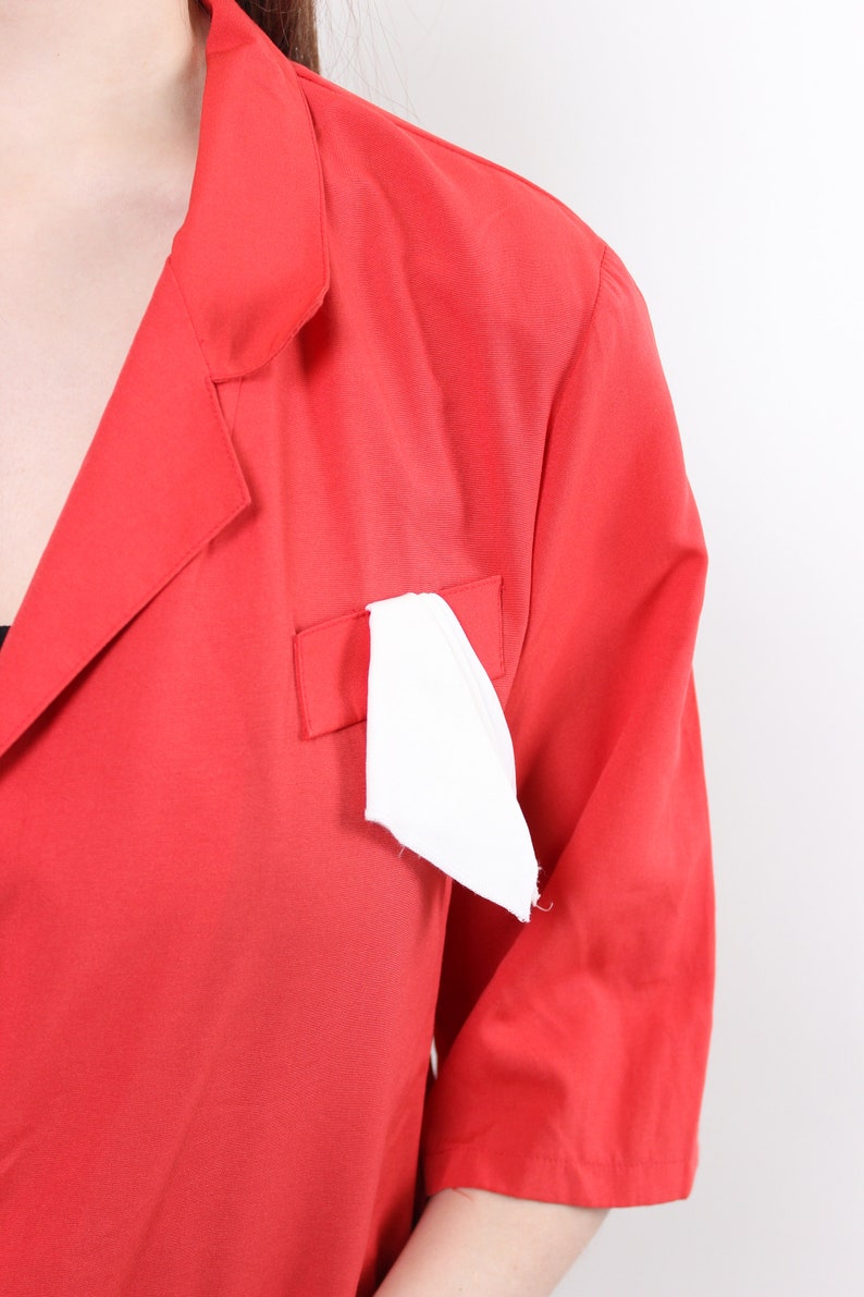 80s Red Formal Blouse, Vintage Woman Short Sleeve Office Shirt, Size L ...