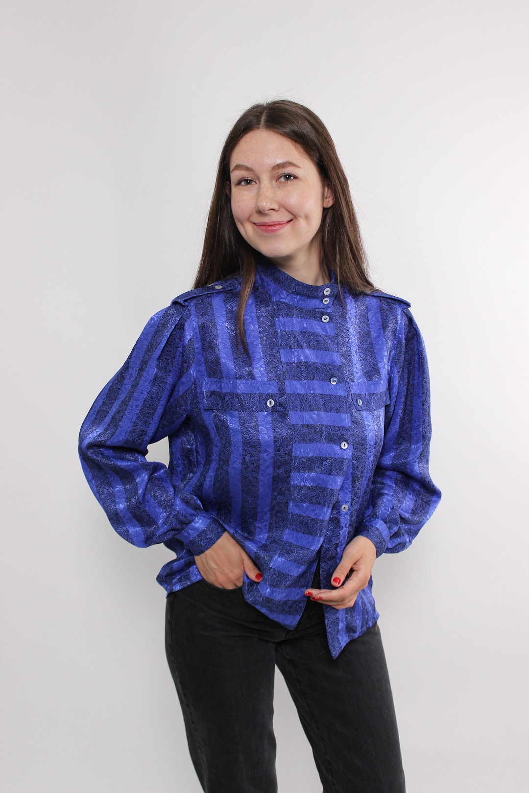 80s Military Blouse With Striped Pattern, Vintage Shoulder Strap Blouse ...