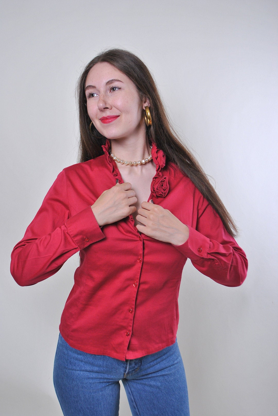 Vintage Red Ruffled Blouse: Italian Floral Cotton Top, Size M - Etsy