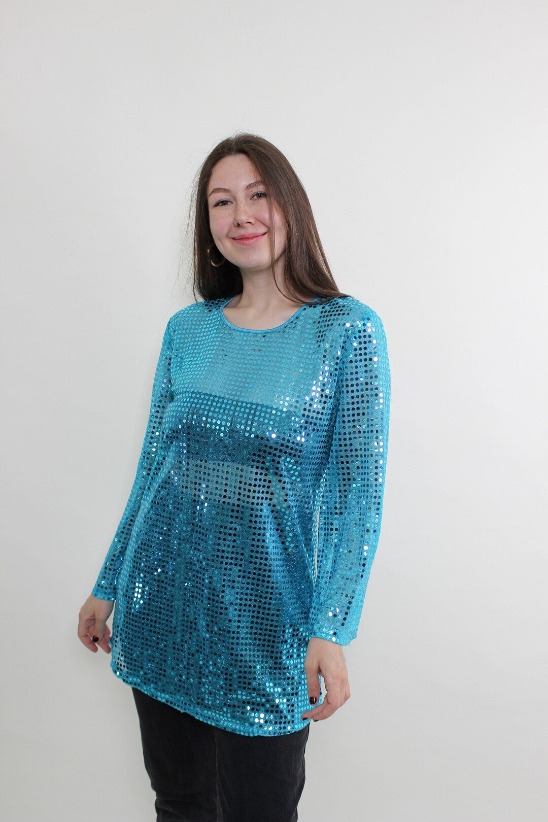Y2K Vintage Blue Sequins Blouse | 2000s Shiny Long Sleeve Party Top ...