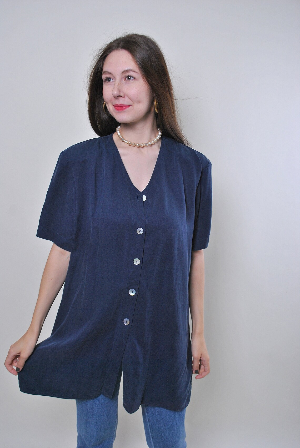 Vintage Minimalist Blue Blouse for Work Size L | Etsy