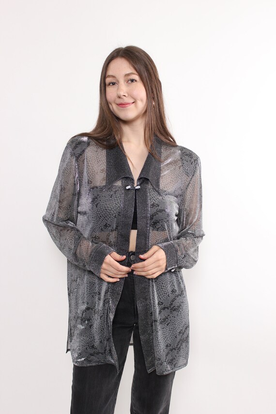 90s sheer snake blouse, vintage shiny grey transparen… - Gem