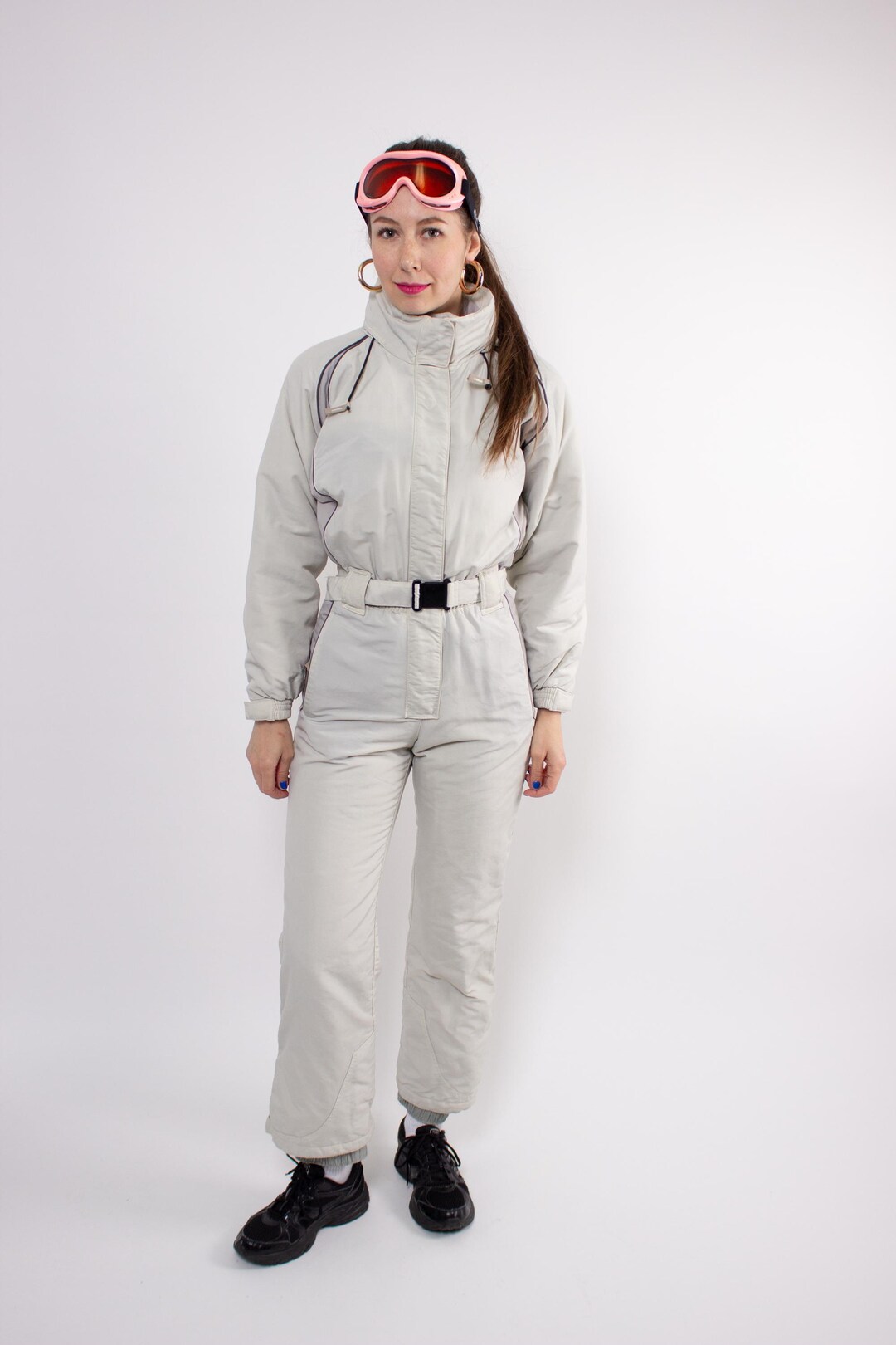 Vintage 90s One Piece Ski Suit With Hood, Retro Beige Snow Jumpsuit ...