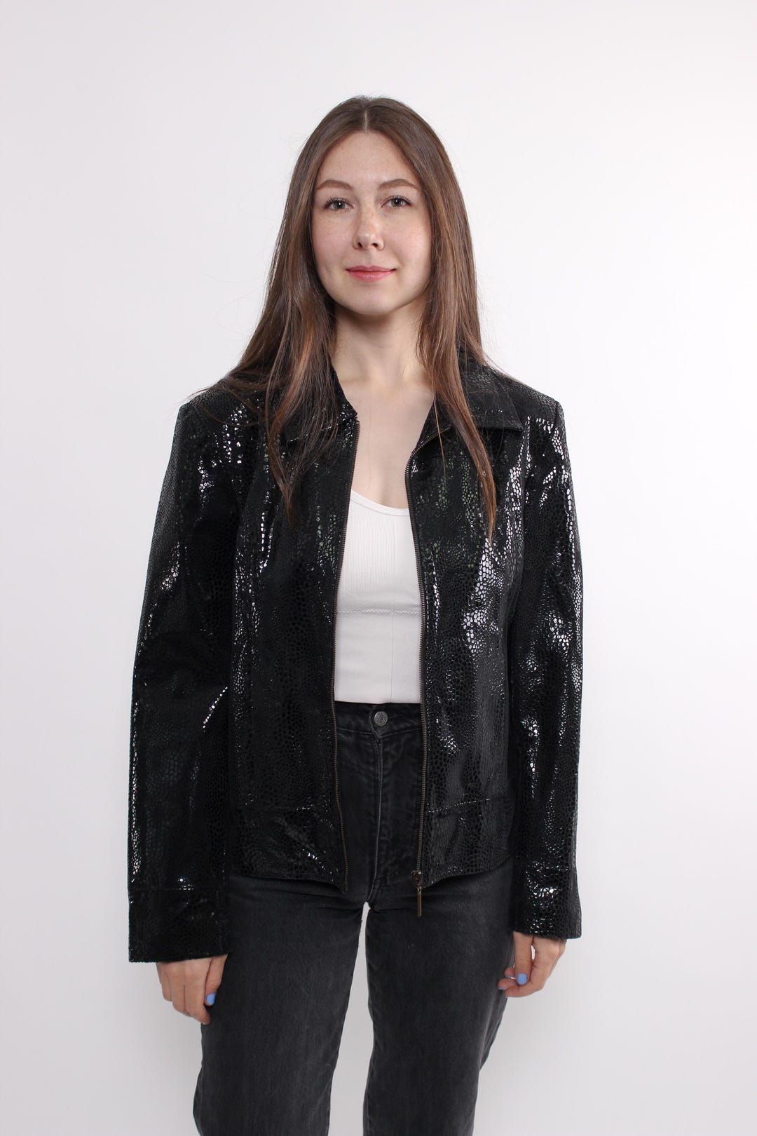 80s Shiny Snake Print Leather Jacket, Vintage Disco Style Metallic ...