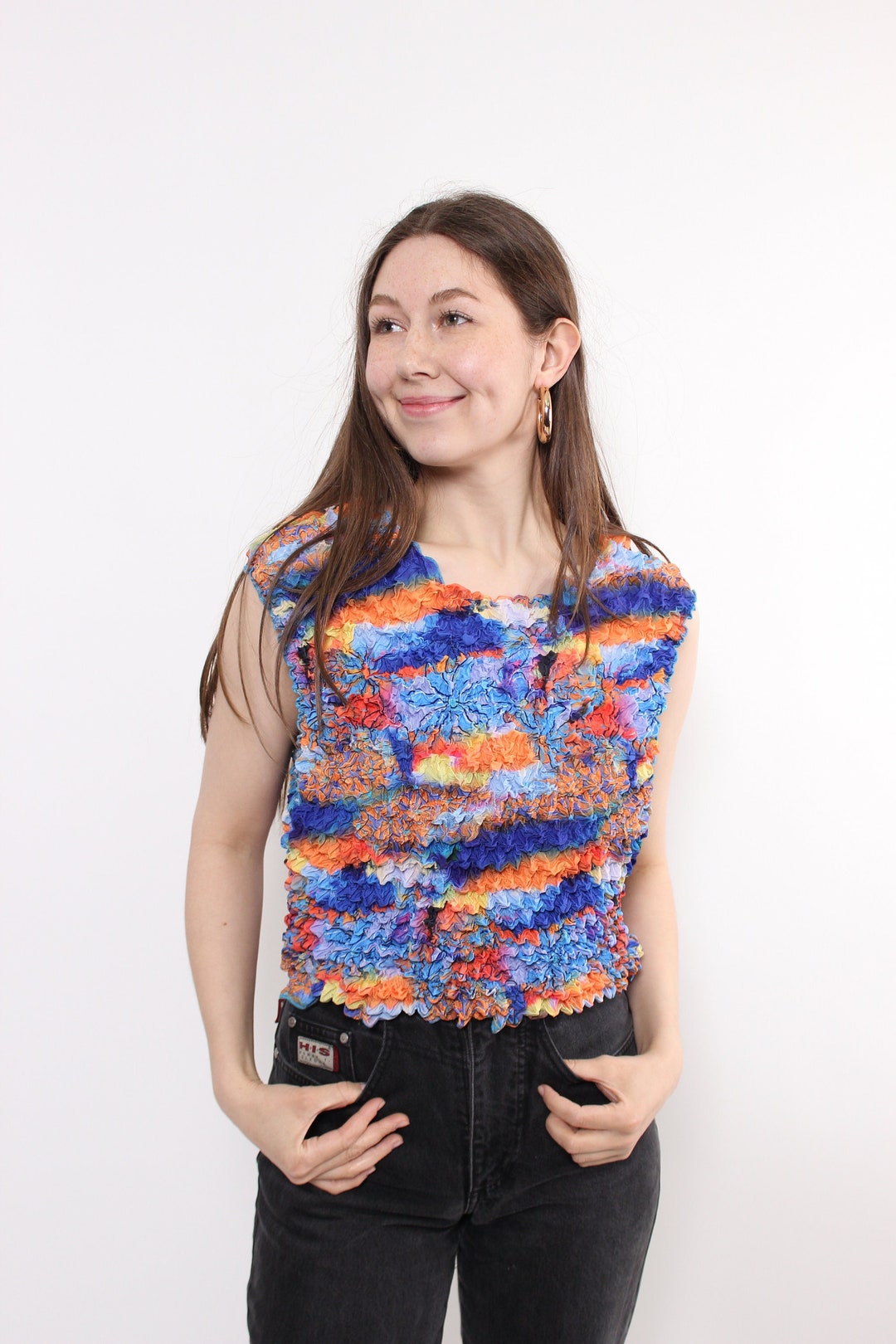 Y2k Popcorn Textured Top, Vintage 2000s Multicolor Flowers Print Bubble ...