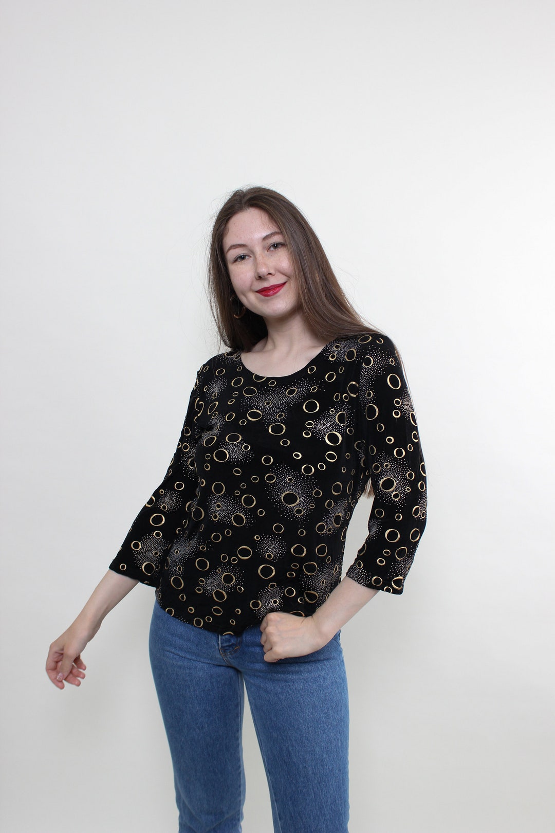 90s Abstract Print Crop Blouse in Black, Vintage Stretchy Printed ...