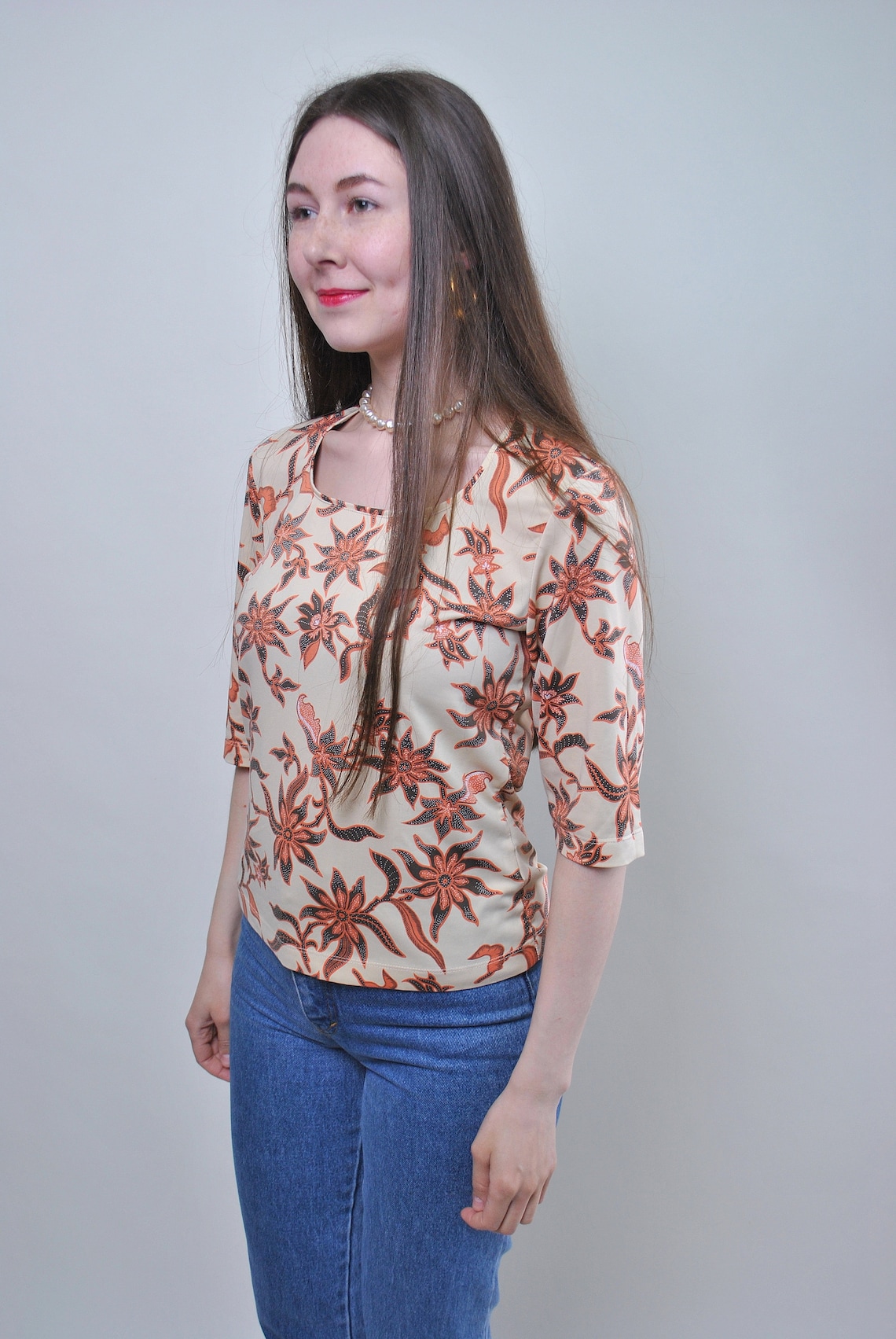 Vintage floral print blouse 80s retro women beige shirt 90s | Etsy