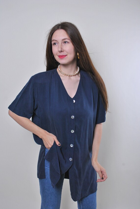 Vintage Minimalist Blue Blouse for Work Size L | Etsy