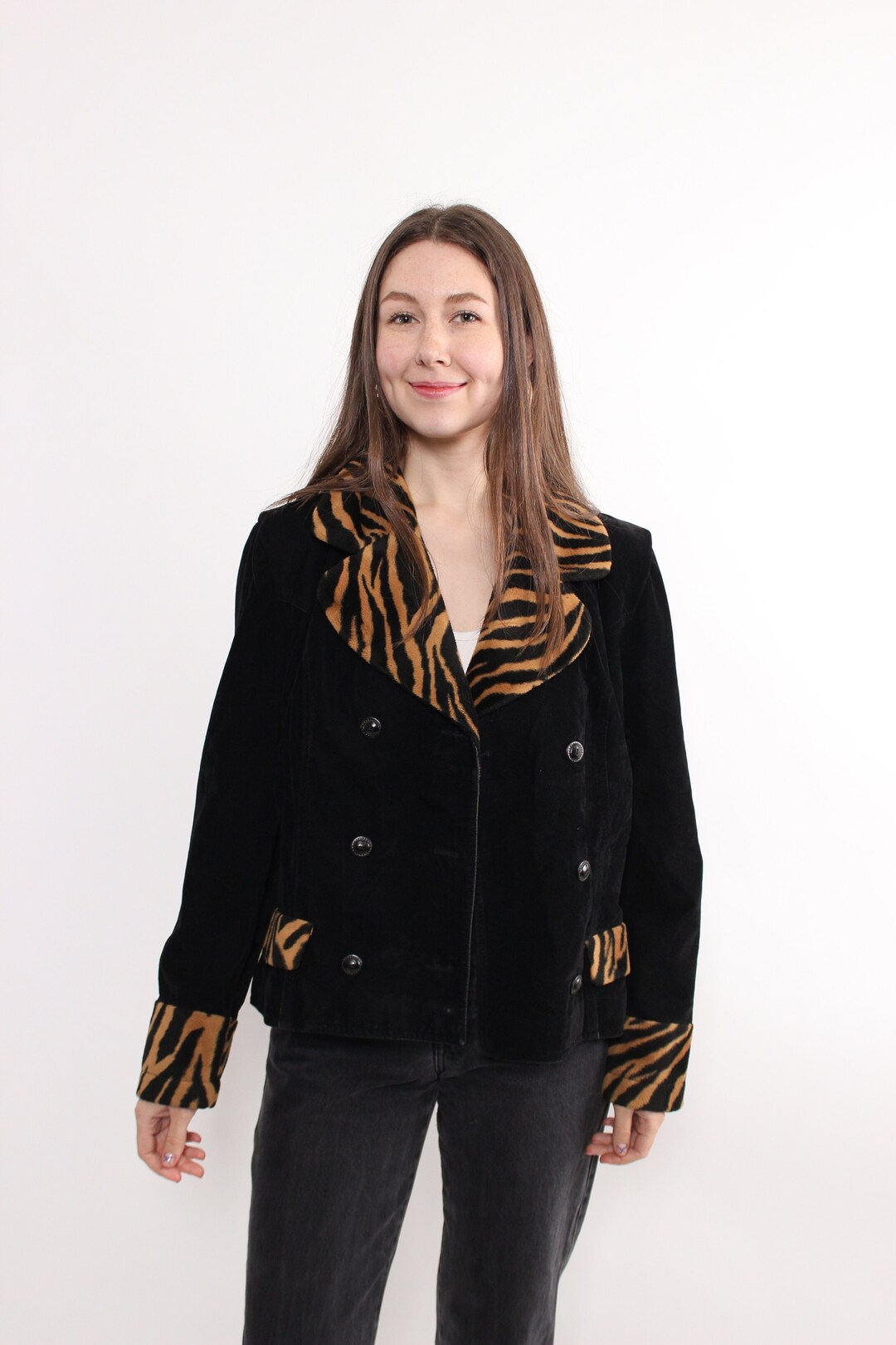 90s Tiger Print Double Breasted Coat, Vintage Woman Crop Coat in Blazer ...