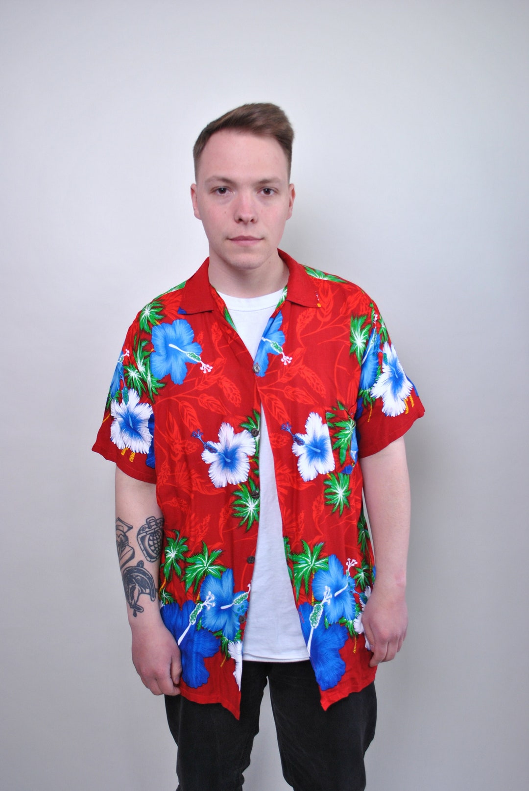 Red Hawaiian Shirt, 80s Vocation Summer Button Down, Flowers Print ...