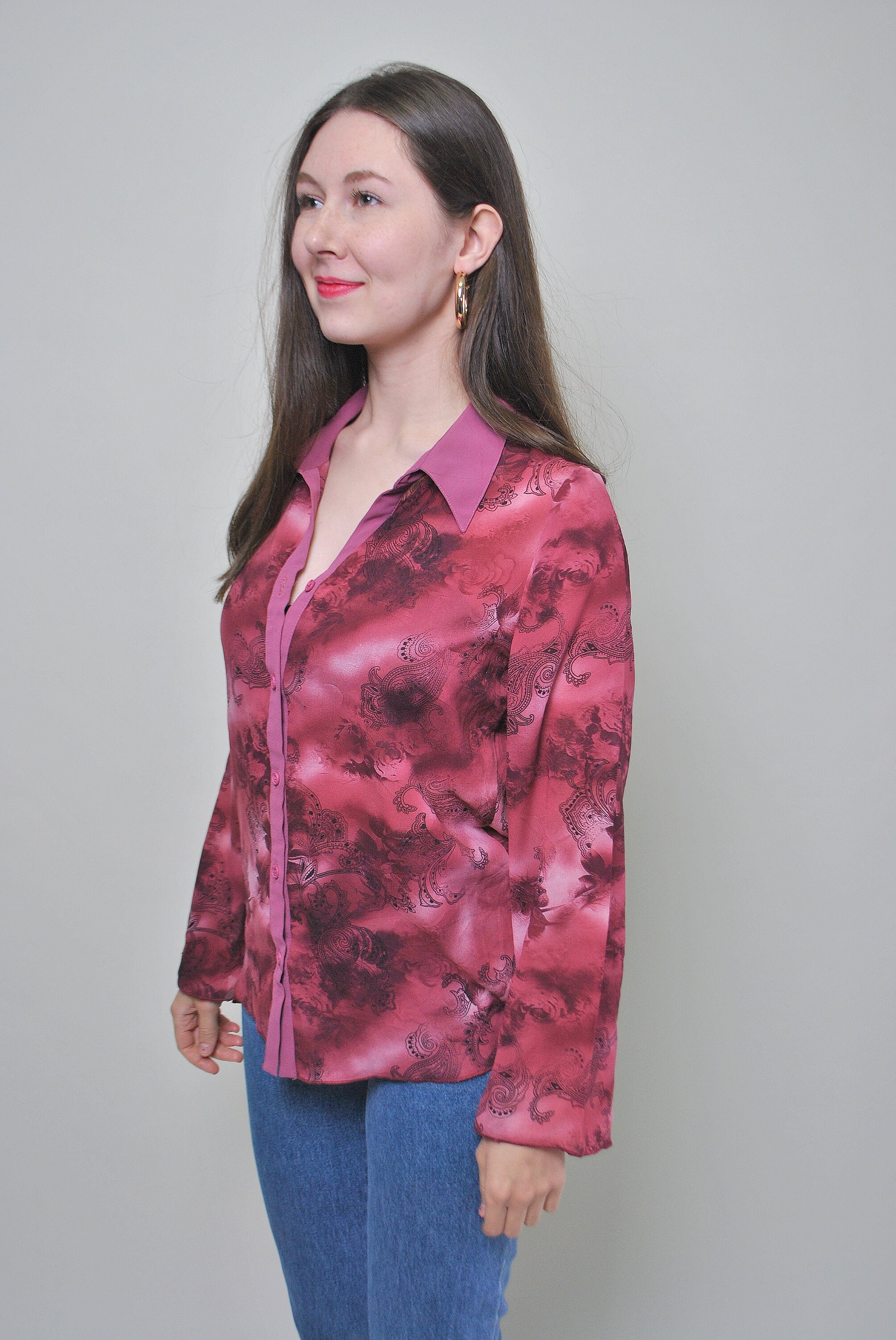 Vintage Red Floral Blouse Roses Y2K Shirt With Long Sleeve - Etsy