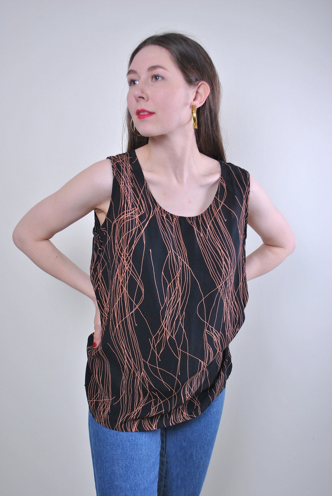 Women Vintage Black Tank Top With Abstract Print, Size L - Etsy