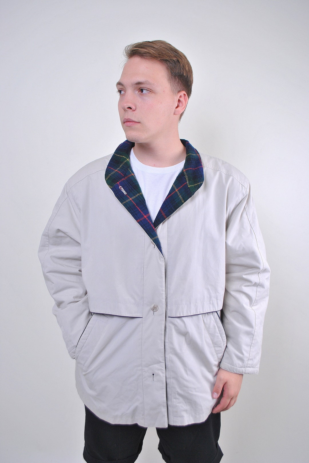 80s Work Wear Jacket in Beige, Vintage Plaid Collar Button Front Trench ...