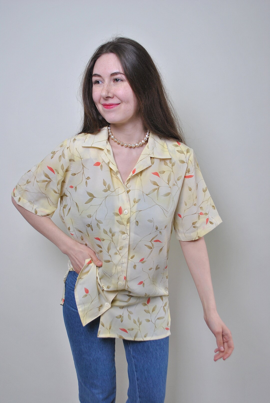 90s Floral Boho Blouse, Vintage Sheer Yellow Color Button up Blouse ...