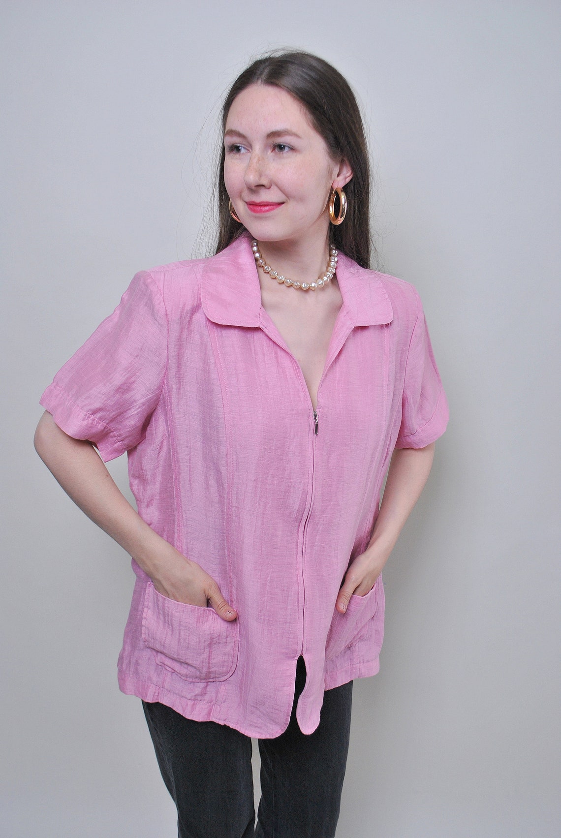 Vintage Minimalist Pink Blouse Retro Zipped up Shirt Size L - Etsy