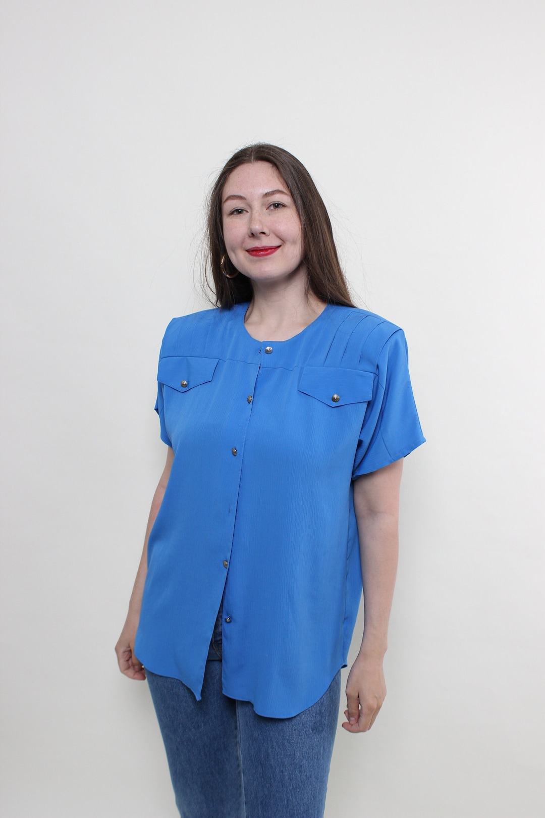 80s Shoulder Pads Formal Blouse in Blue, Vintage Short Sleeve Button ...
