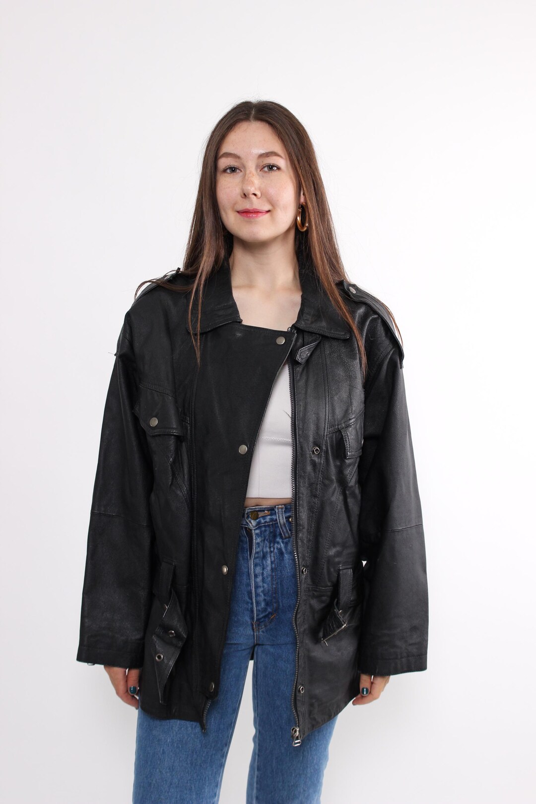90s Leather Biker Jacket, Vintage Plus Size Woman Leather Rocker Jacket ...
