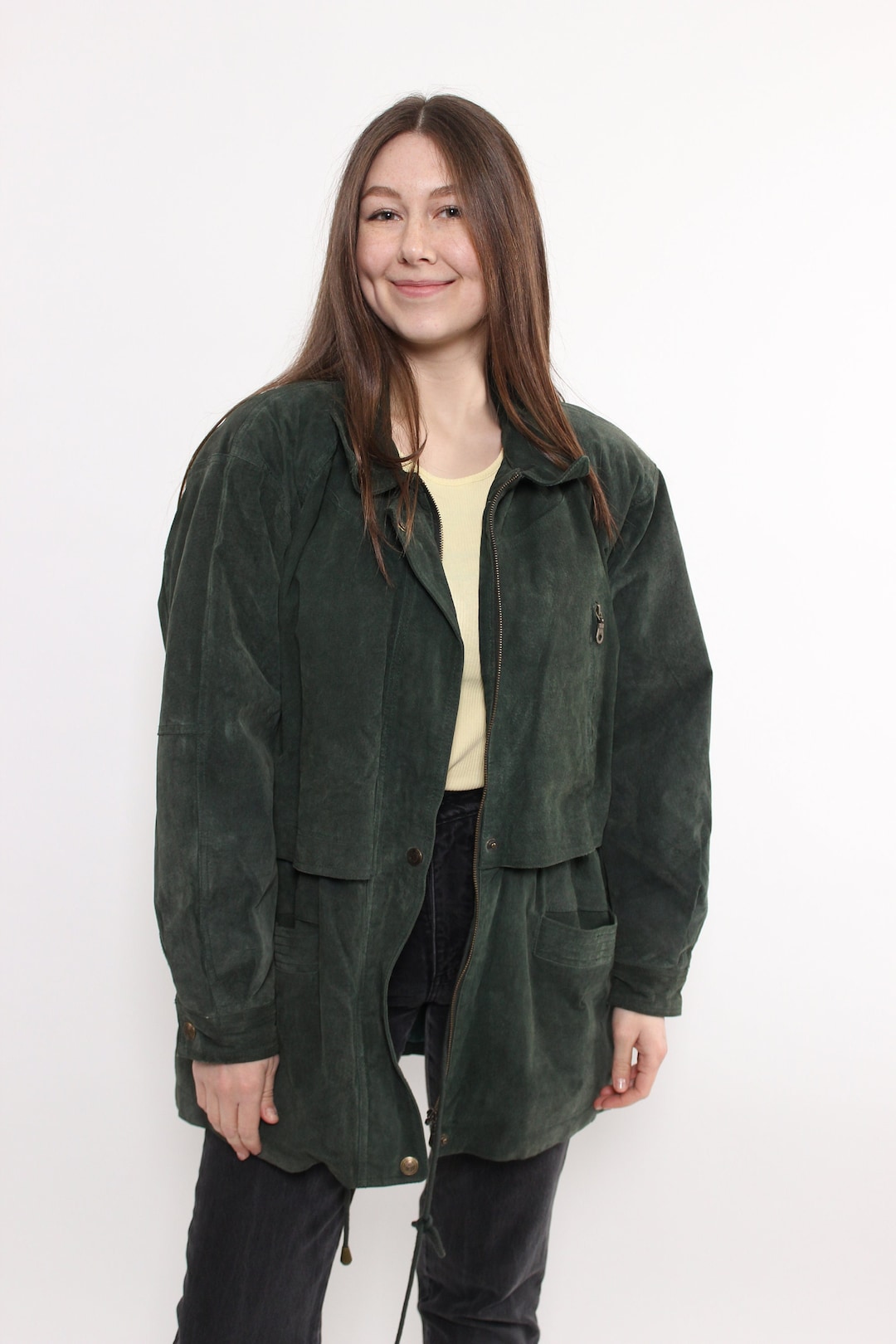 90s Leather Green Coat, Vintage Woman Light Hunter Style Parka Jacket ...