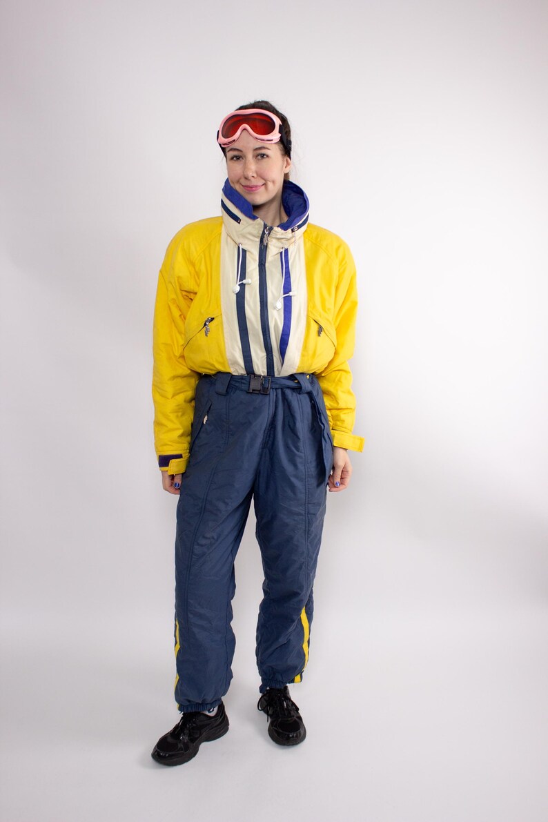 90s One Piece Ski Suit, Vintage Yellow Blue Colorblock Snowsuit, Size M ...