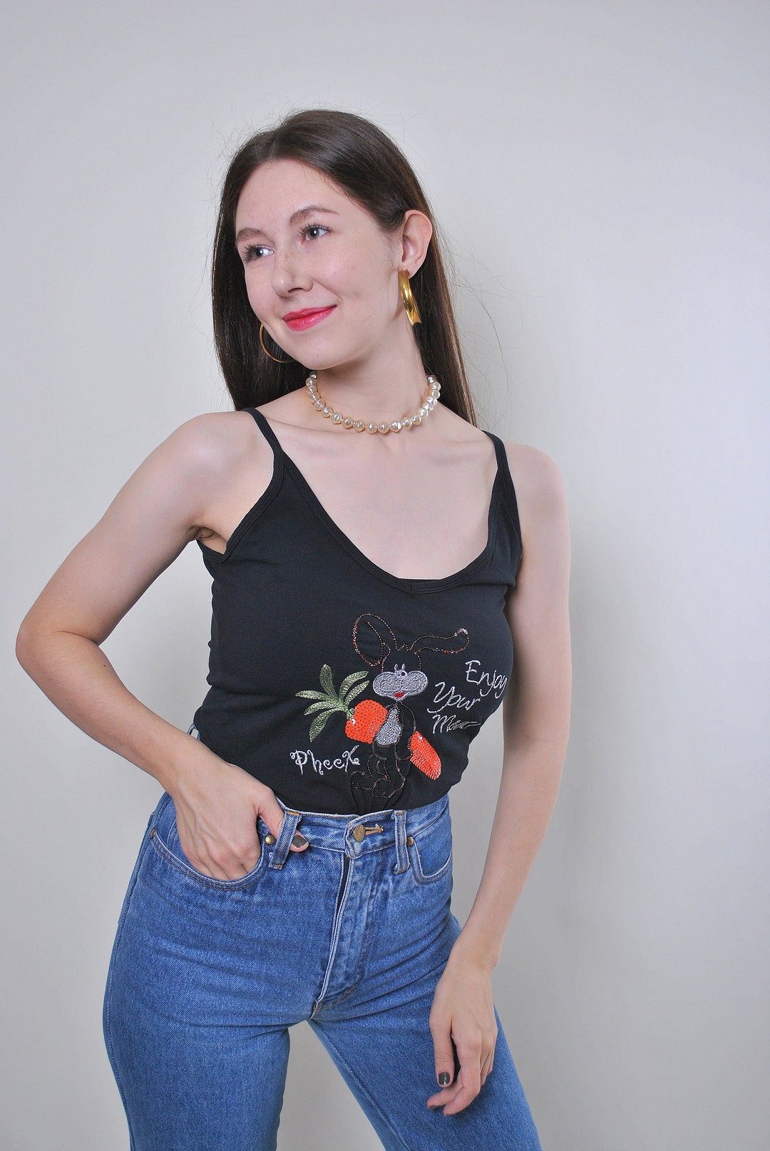Vintage Cute Black Tank Top With Rabbit and Carrot, Size M - Etsy