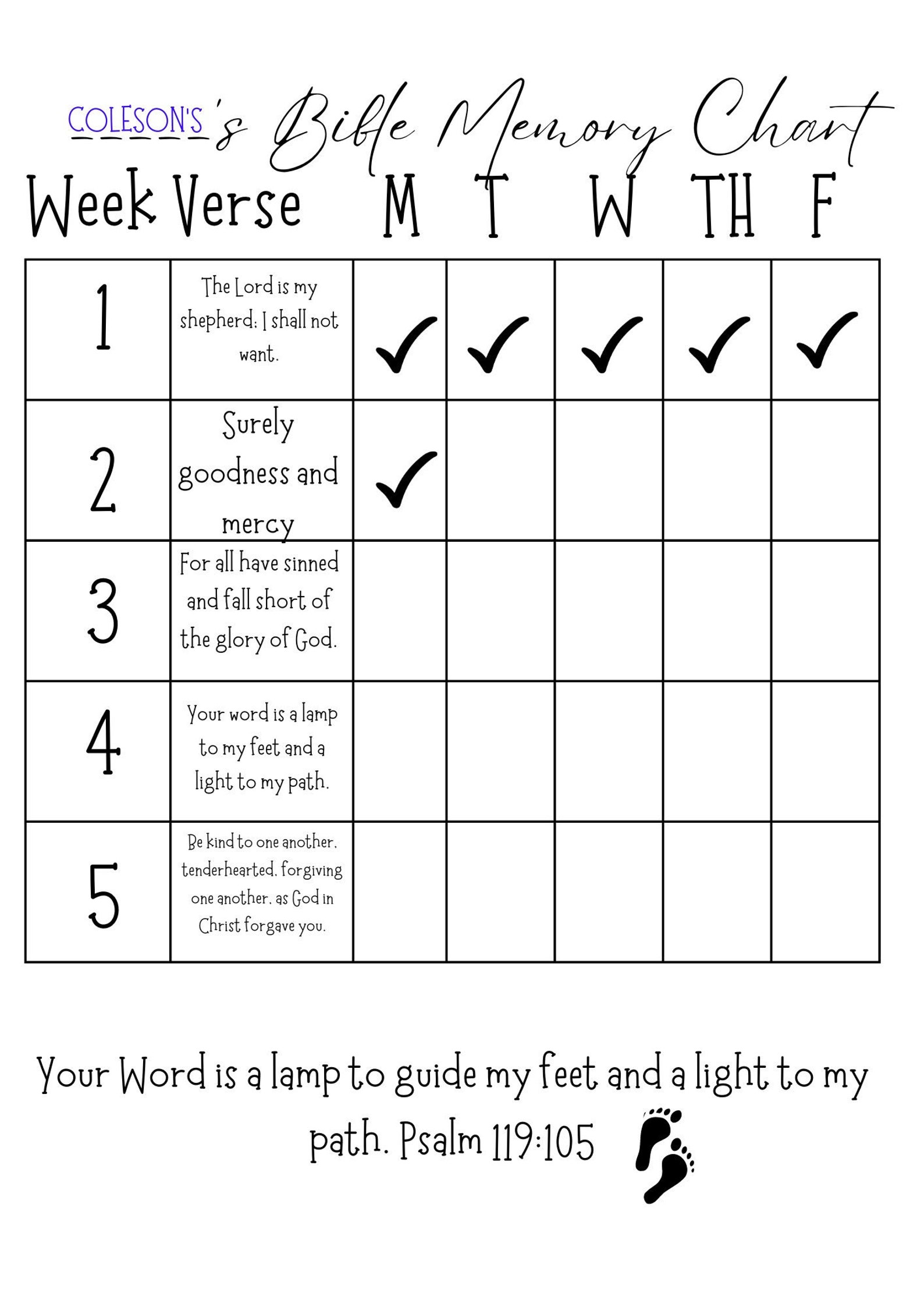 BLANK Bible Verse Memory Chart/kids Bible Drill/ Christian School ...