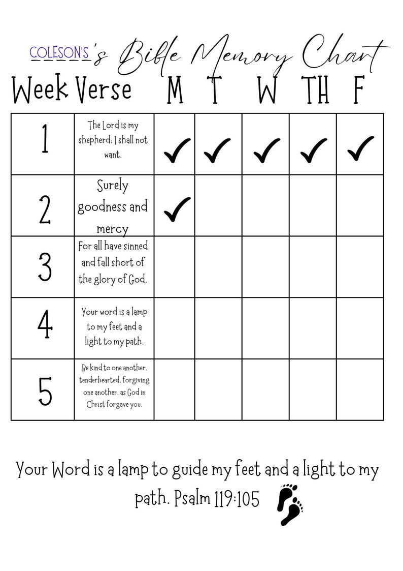BLANK Bible Verse Memory Chart/kids Bible Drill/ Christian School ...