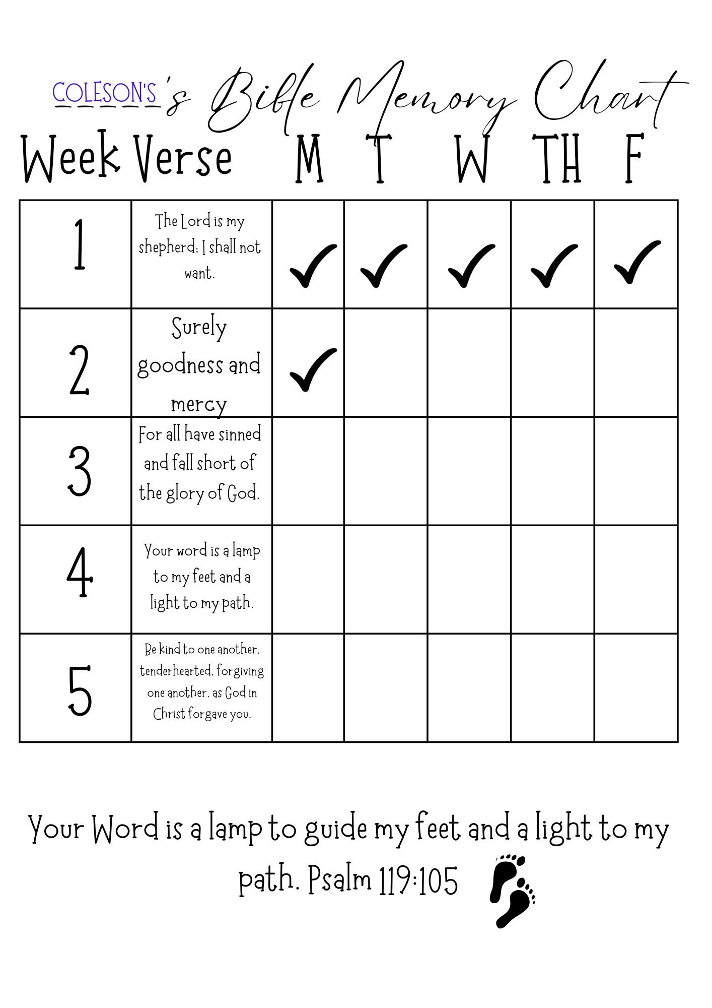 BLANK Bible Verse Memory Chart/kids Bible Drill/ Christian School ...