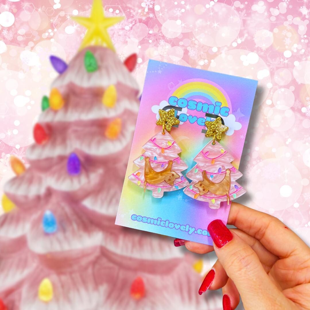 Bad Kitty Pink Christmas Tree Earrings | Acrylic Earrings | Christmas ...