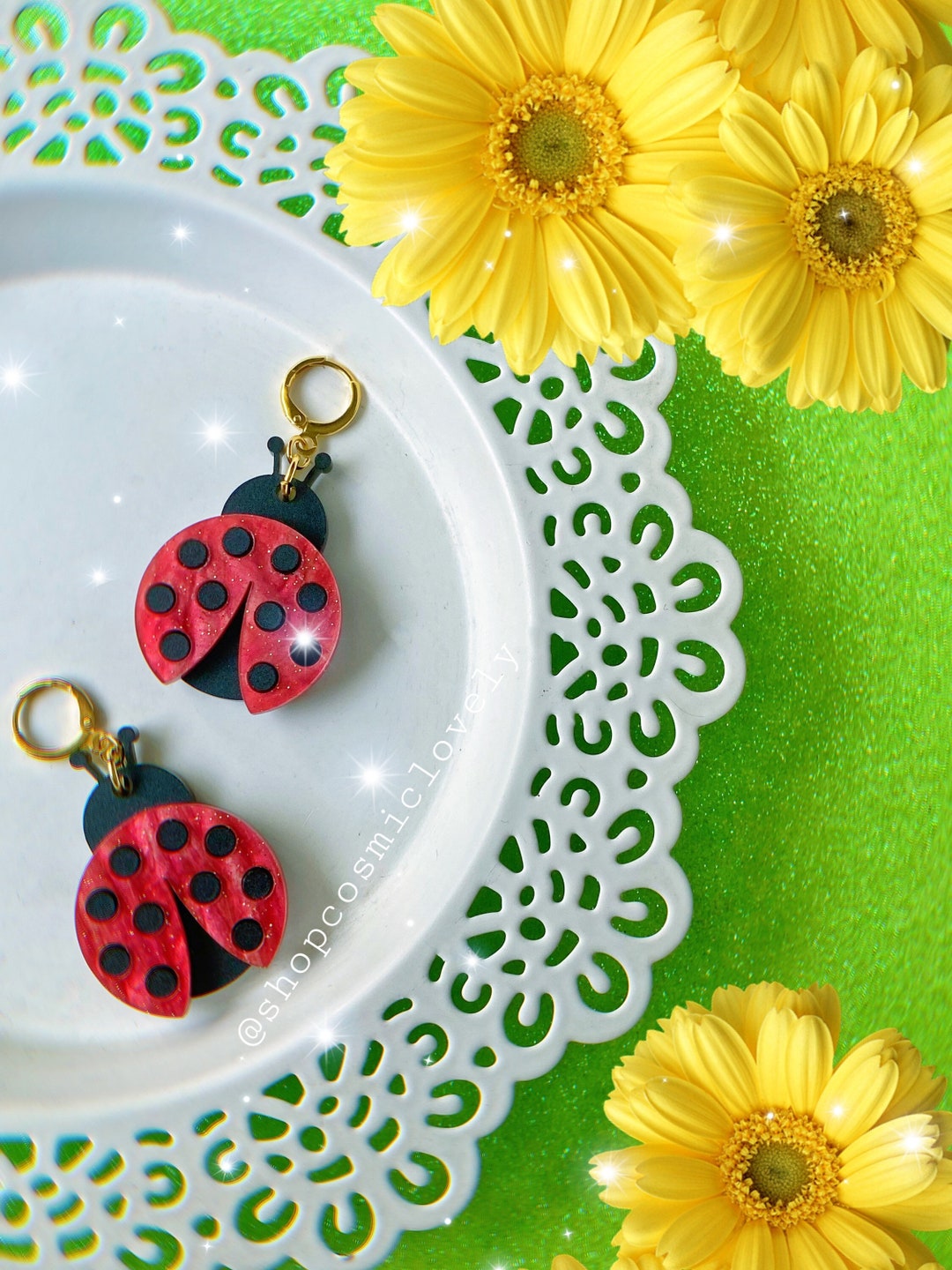 Glitter Ladybug Leverback Earrings: Acrylic Heart Jewelry - Etsy