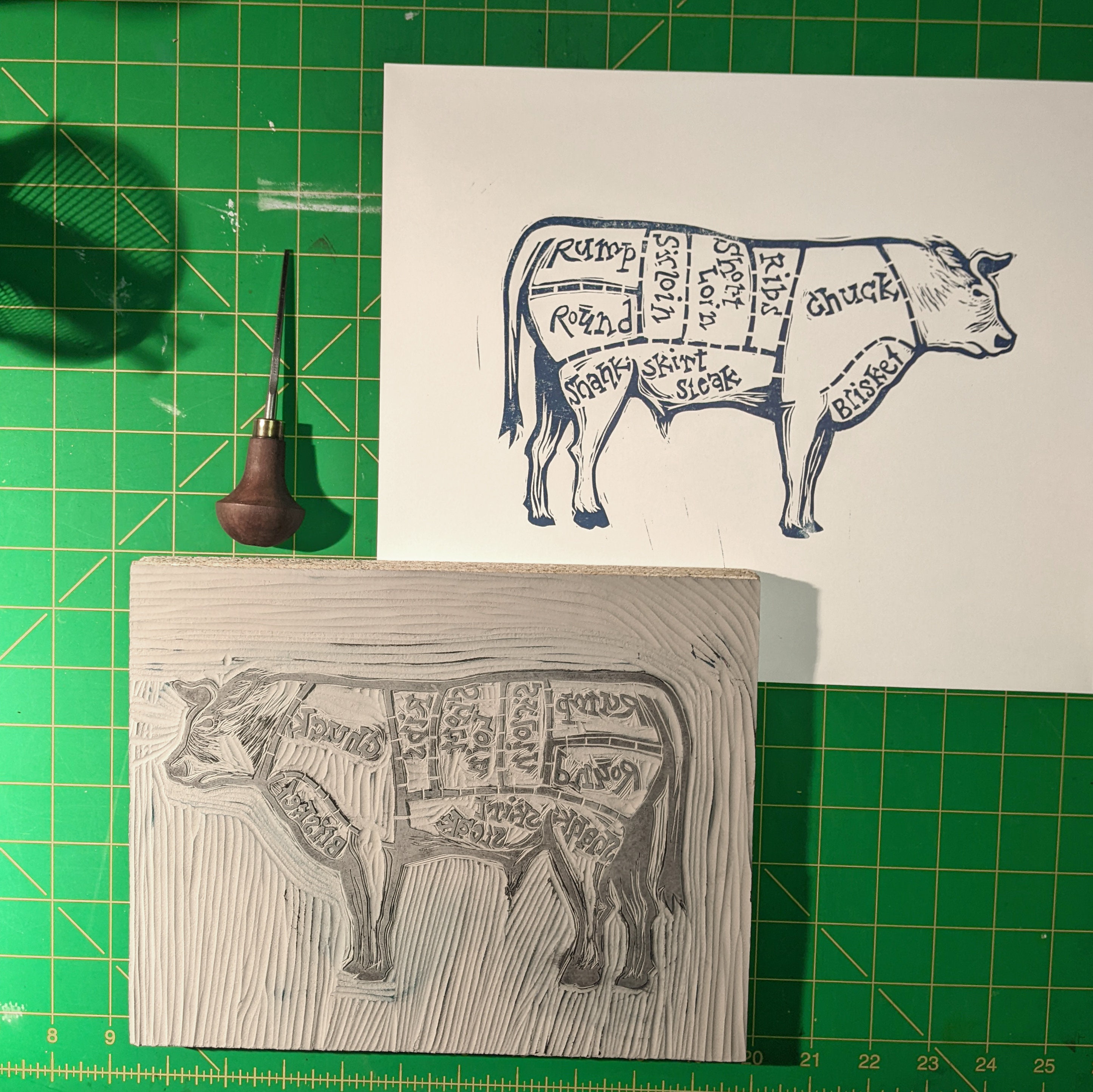 Cow Art, Linocut, Block Print Art, Kitchen Decor, Blue Decor, 12x10 - Etsy