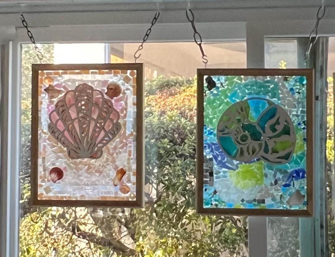 Coastal Seashell Stained Glass Panel- Beach Glass, Sea Glass, Tumbled ...