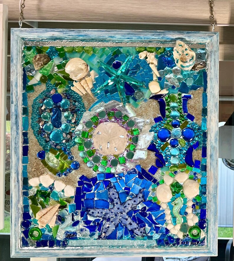 Coastal Stained Glass Collage- Mosaic, Shells, Window Panel, Beach ...