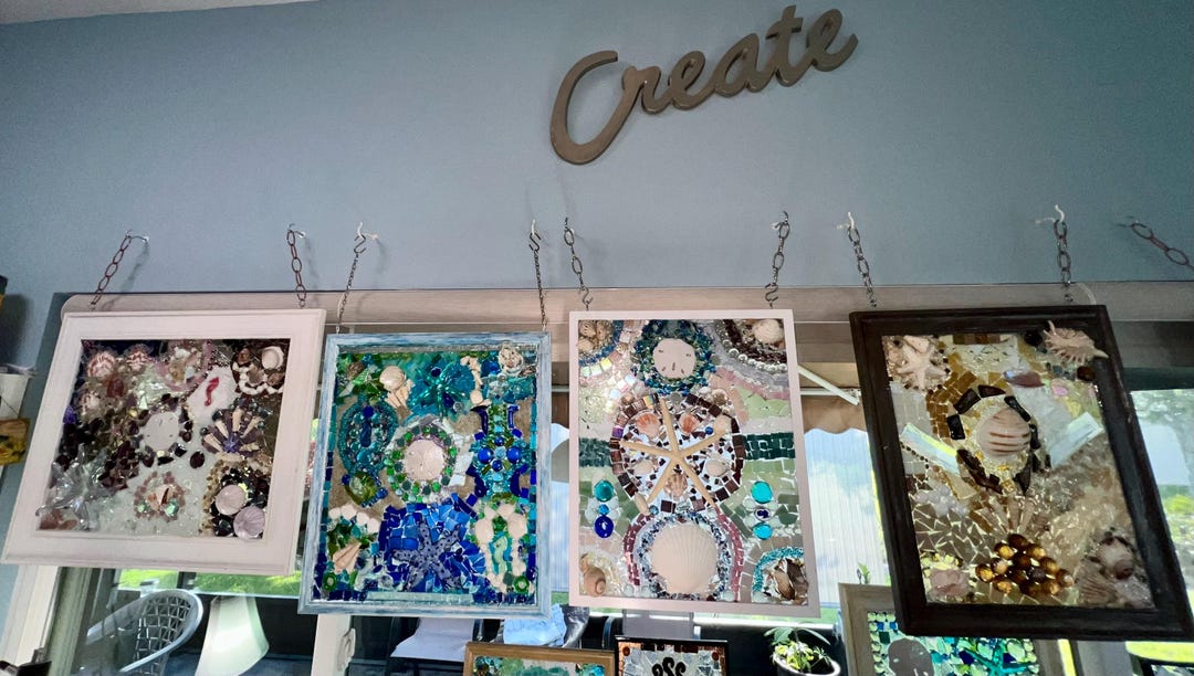 Coastal Stained Glass Collage- Mosaic, Shells, Window Panel, Beach ...
