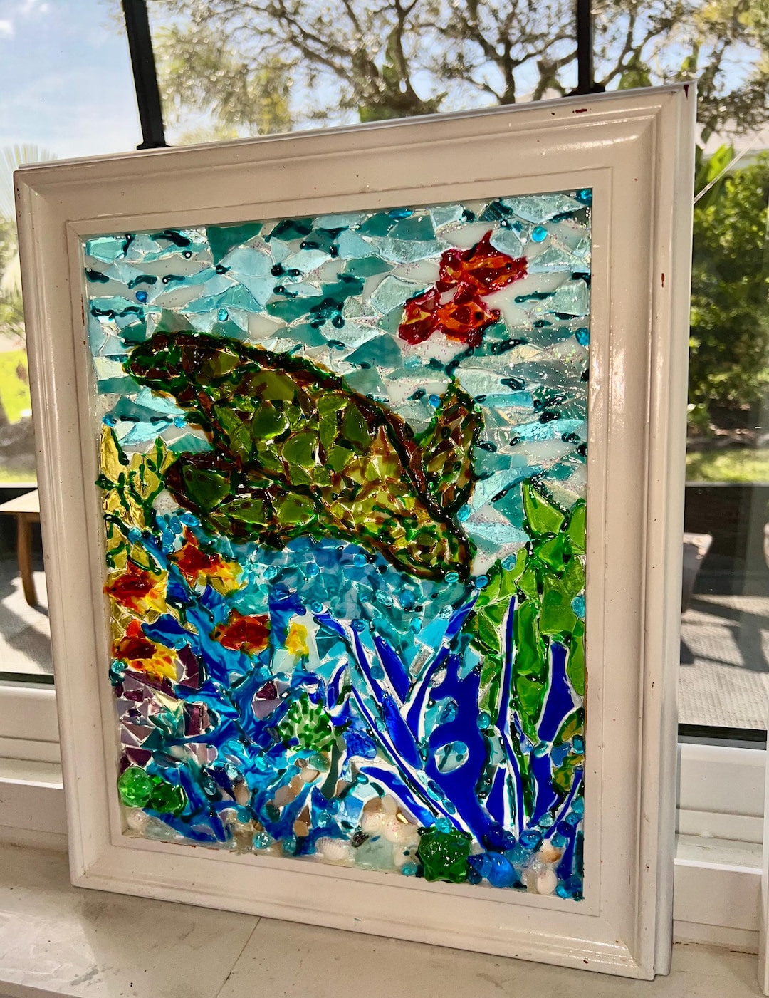 Modern Coastal Stained Glass Panel- Beach Glass, Sea Glass, Tumbled ...
