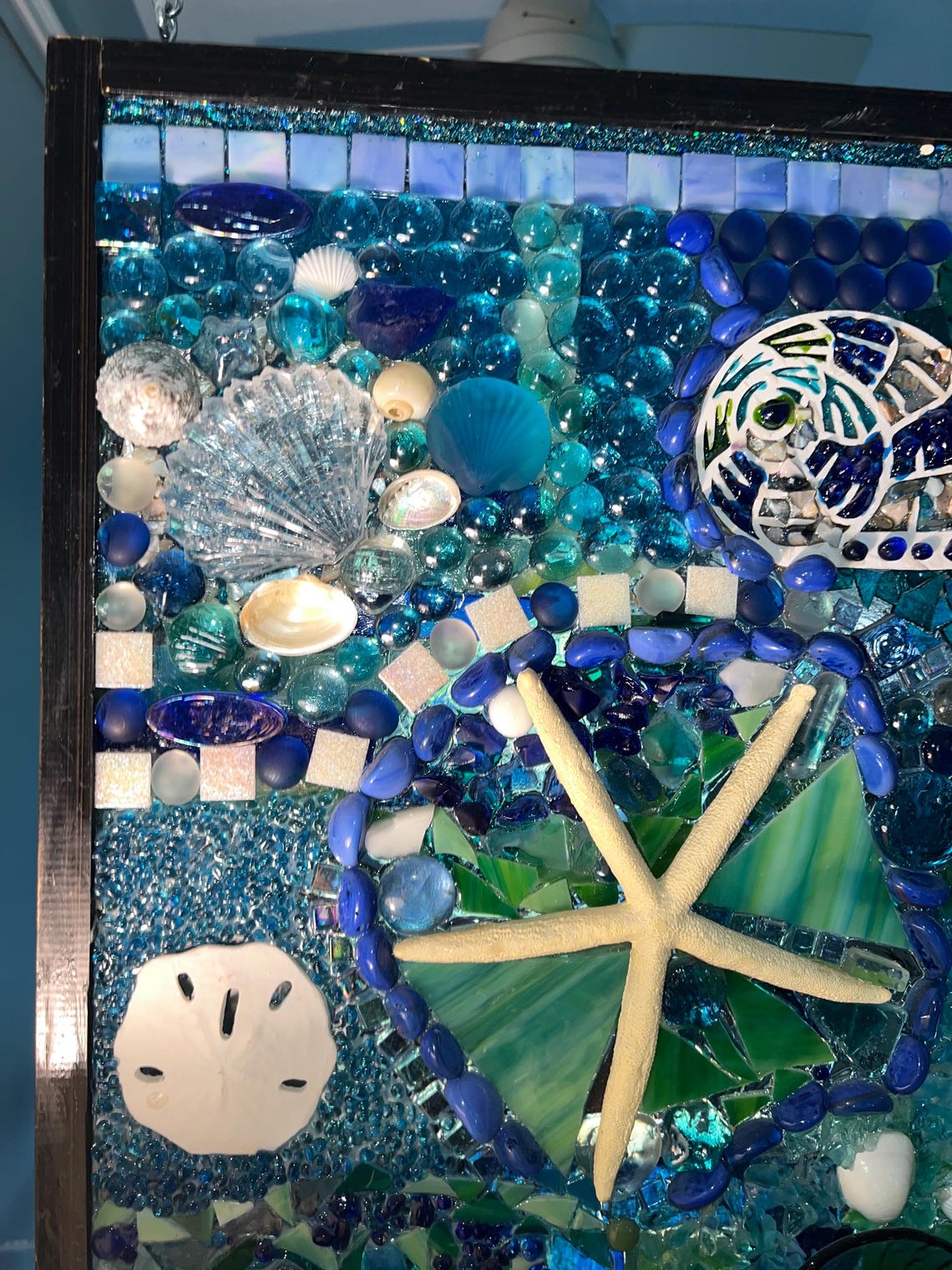 Blue Green Starfish Stained Glass Panel- Window, Seashell Collage ...