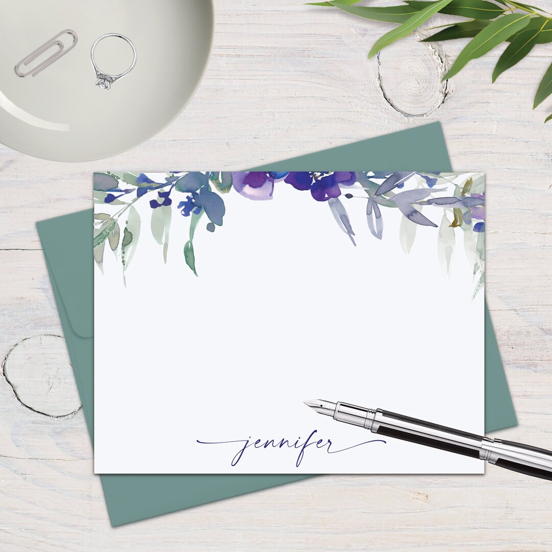Personalized Watercolor Floral Border Script Cards | Set of 12 Flat ...