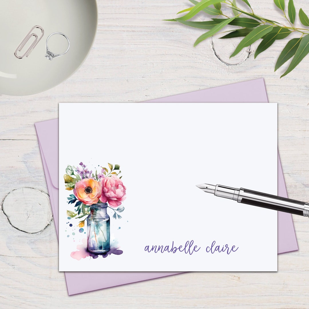 Personalized Floral Vase Cursive Script Notecards | Set of 12 Flat Stationery Note Cards ...